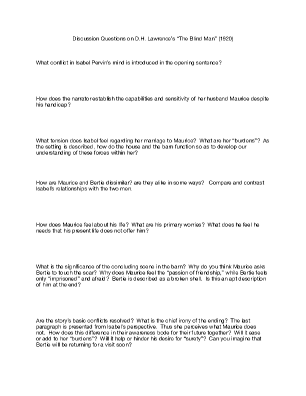 (PDF) Discussion Questions on D.H. Lawrence's "The Blind Man" (1920)