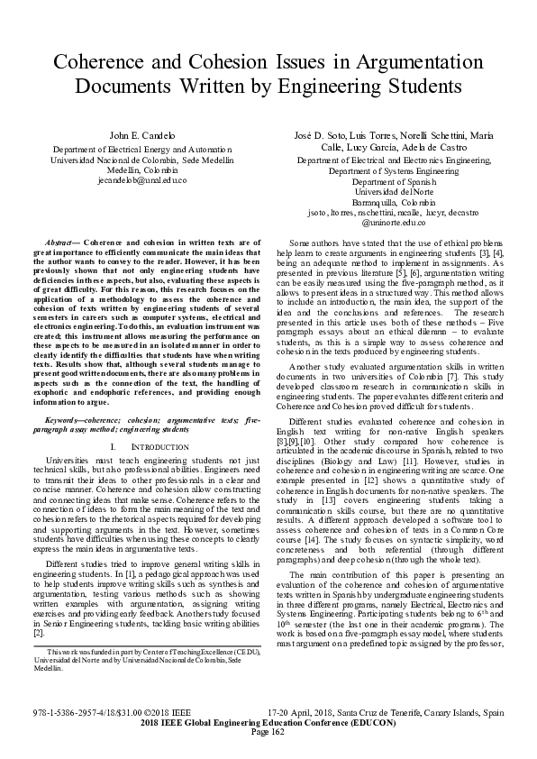 (PDF) Coherence and Cohesion Issues in Argumentation Documents Written ...