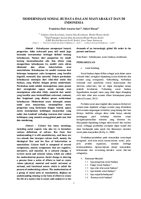 (DOC) MODERNISASI SOSIAL BUDAYA DALAM MASYARAKAT DAN DI INDONESIA