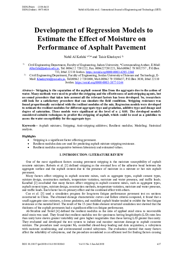 (PDF) Development of Regression Models to Estimate the Effect of Moisture on Performance of ...