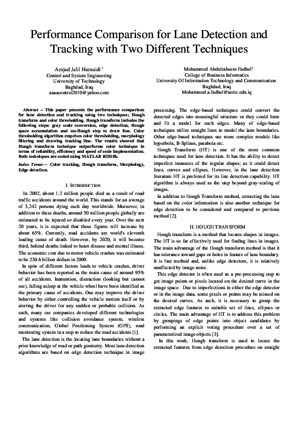 Pdf Performance Comparison For Lane Detection And Tracking With Two