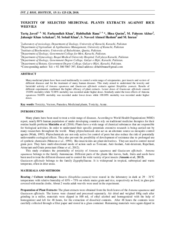 Pdf Toxicity Of Selected Medicinal Plants Extracts Against Rice Weevils