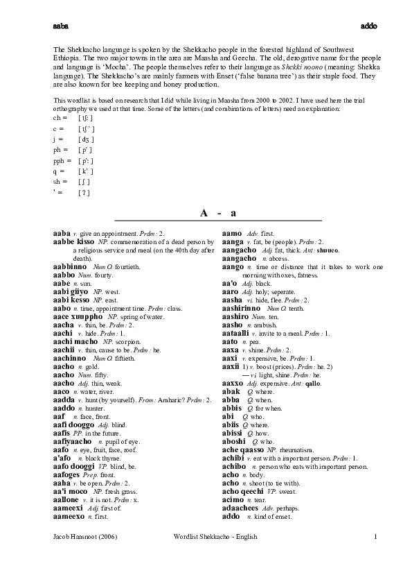 (PDF) Word list Shekkacho - English (2006) [Omotic language]