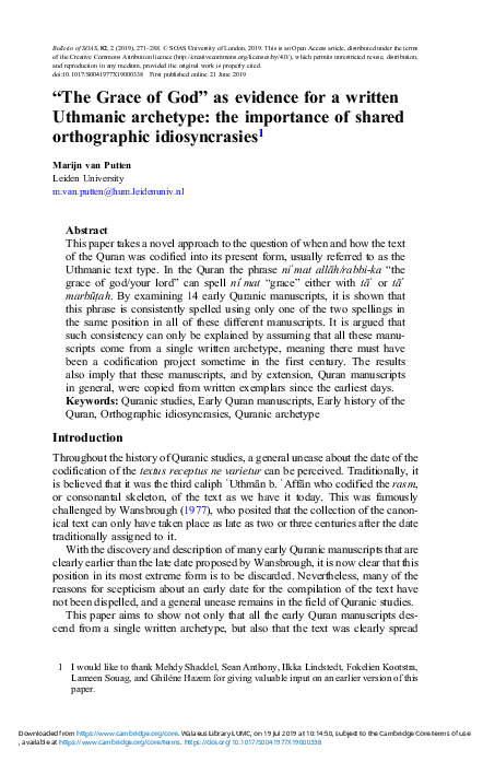 (PDF) "The Grace of God" as evidence for a written Uthmanic archetype ...