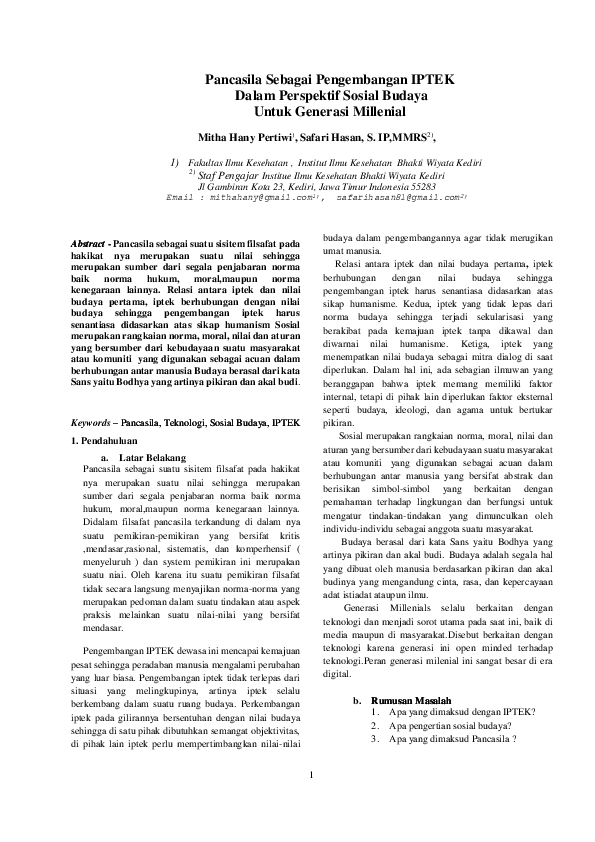 (DOC) Pancasila Sebagai Pengembangan IPTEK Dalam Perspektif Sosial Budaya Untuk Generasi Millenial