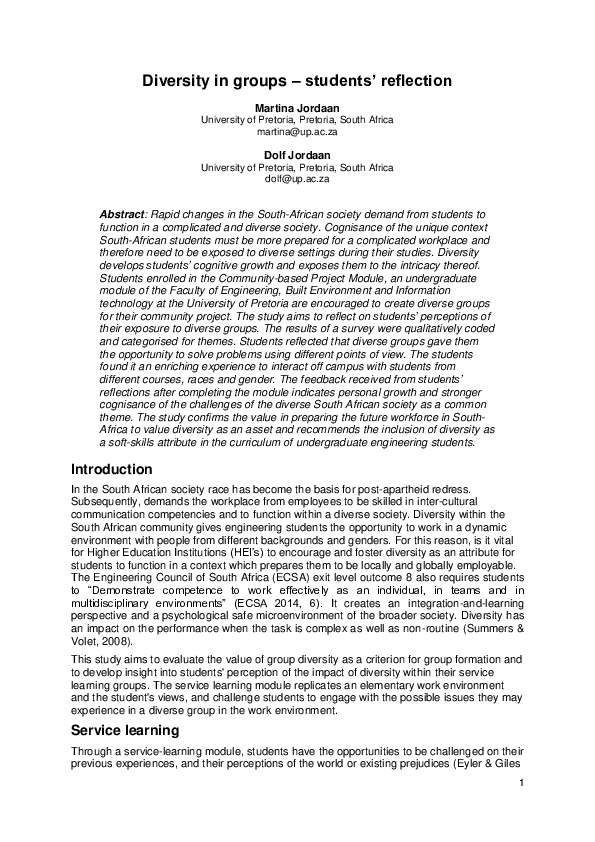 (PDF) Diversity in groups -students' reflection