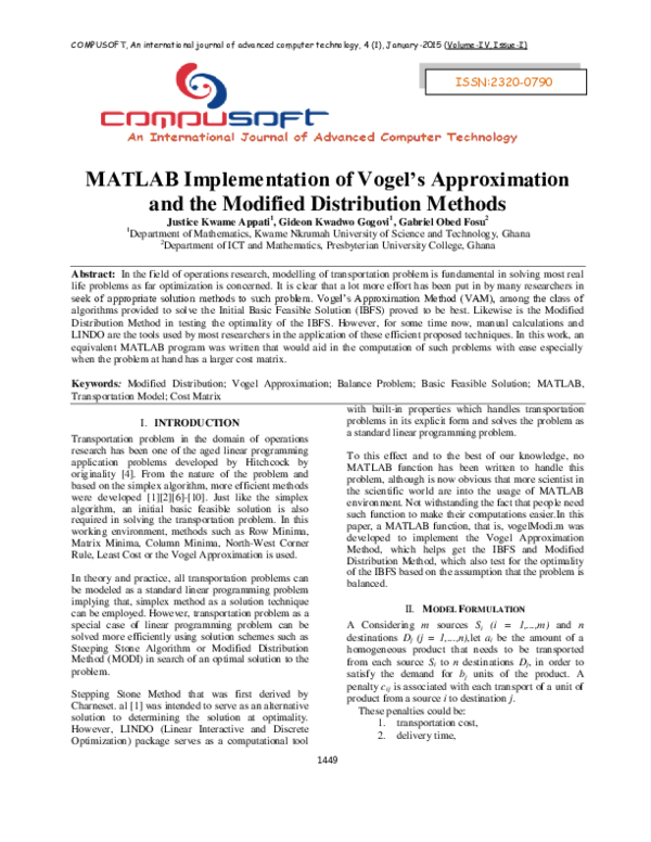 Pdf Matlab Implementation Of Vogels Approximation And The Modified Distribution Methods 4405