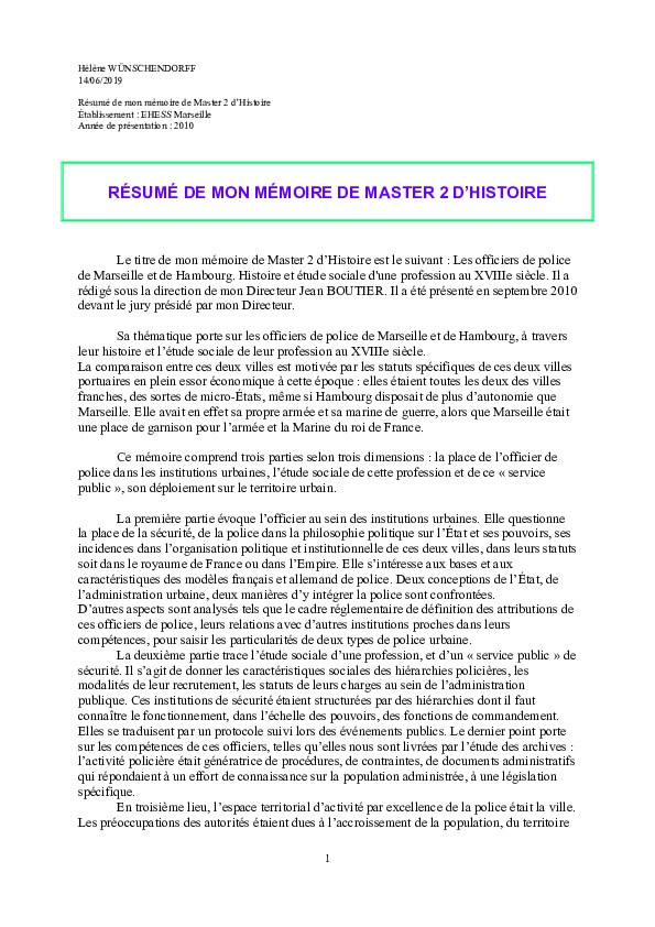 (PDF) RÉSUMÉ DE MON MÉMOIRE DE MASTER 2 D'HISTOIRE