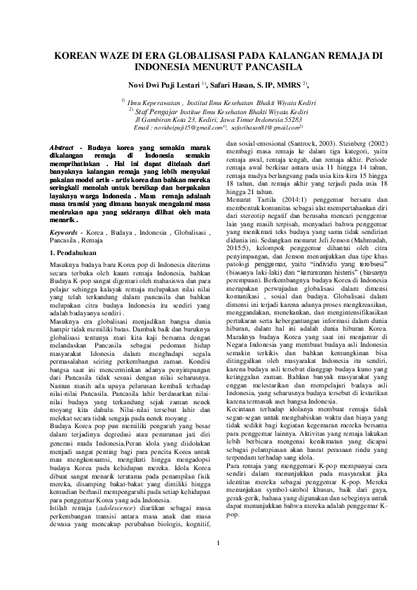 (DOC) KOREAN WAZE DI ERA GLOBALISASI PADA KALANGAN REMAJA DI INDONESIA MENURUT PANCASILA