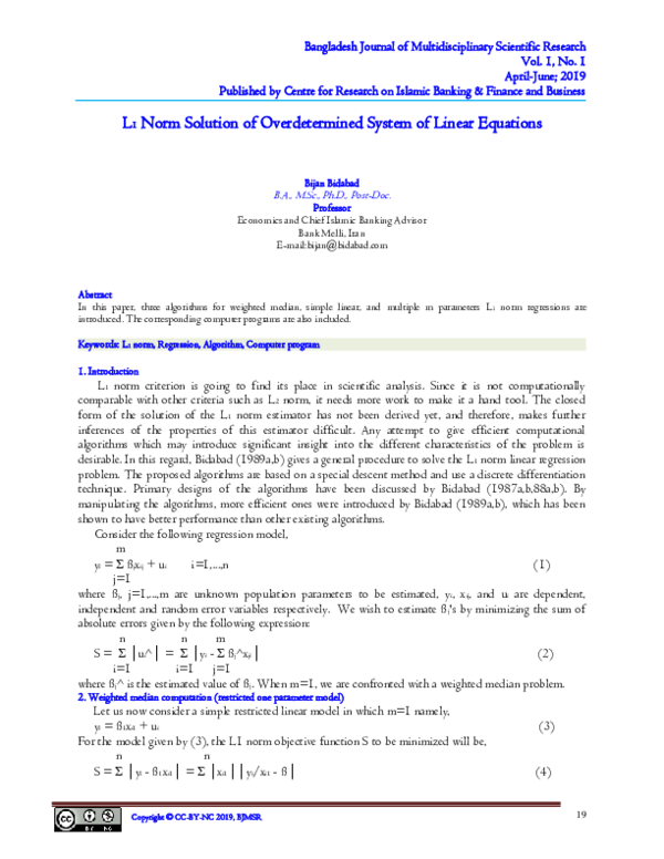 Pdf L1 Norm Solution Of Overdetermined System Of Linear Equations