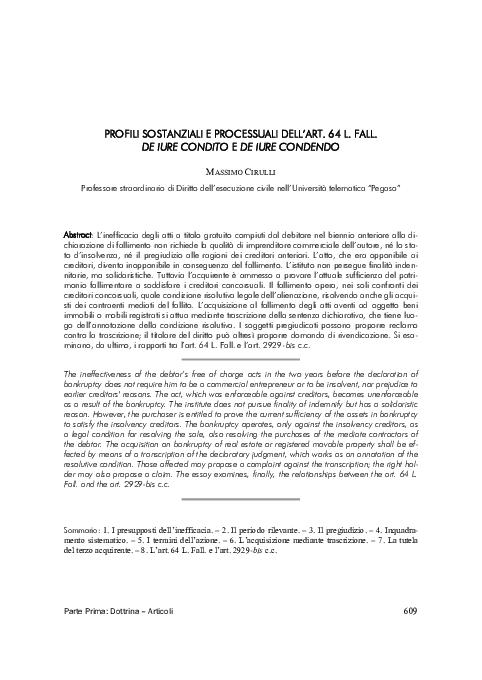 (PDF) PROFILI SOSTANZIALI E PROCESSUALI DELL'ART. 64 L.FALL. DE IURE CONDITO E DE IURE CONDENDO