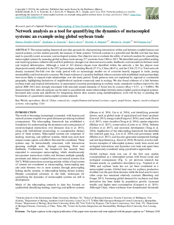 (PDF) Network analysis as a tool for quantifying the dynamics of metacoupled systems: an example ...