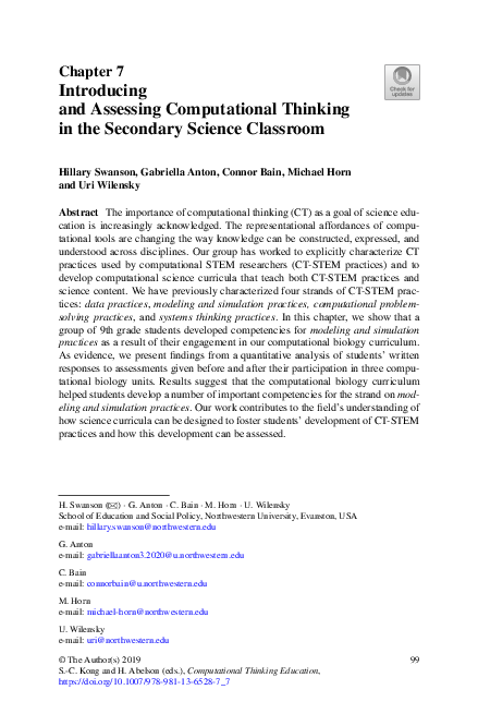(PDF) Introducing and assessing computational thinking in the secondary science classroom