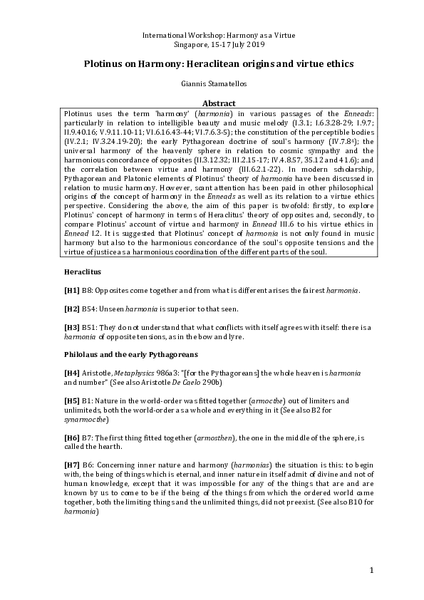 (PDF) Plotinus on Harmony: Heraclitean origins and virtue ethics | Giannis Stamatellos ...