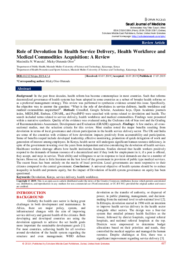 (PDF) Role of Devolution In Health Service Delivery, Health Workforce ...