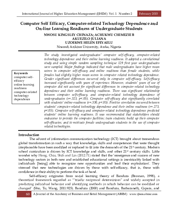 Pdf Computer Self Efficacy Computer Related Technology Dependence And On Line Learning