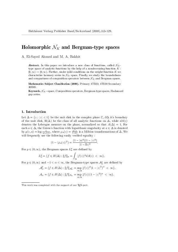 (PDF) Holomorphic N K and Bergman-type spaces