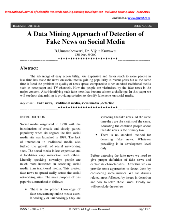 (PDF) A Data Mining Approach of Detection of Fake News on Social Media