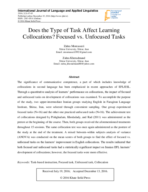 (PDF) Does the Type of Task Affect Learning Collocations? Focused vs ...