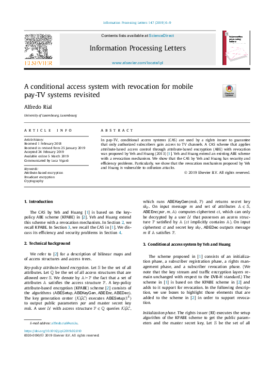 (PDF) A conditional access system with revocation for mobile pay-TV systems revisited