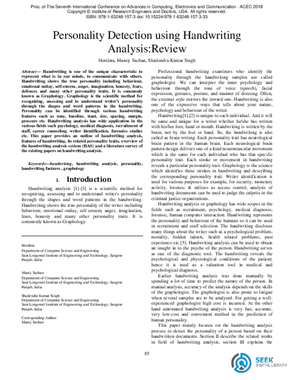 Pdf Personality Detection Using Handwriting Analysis Review