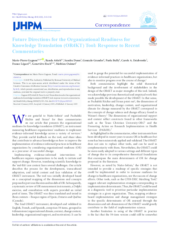 (PDF) Future Directions for the Organizational Readiness for Knowledge ...