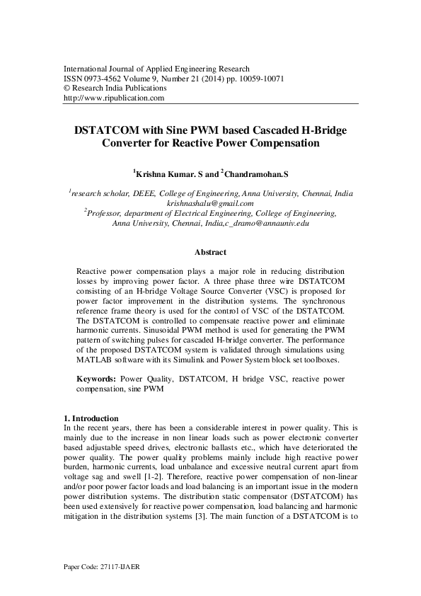 (PDF) DSTATCOM for Reactive Power Compensation