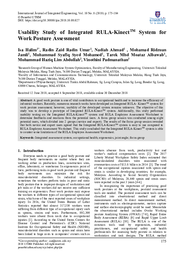 (PDF) Usability Study of Integrated RULA-Kinect TM System for Work Posture Assessment