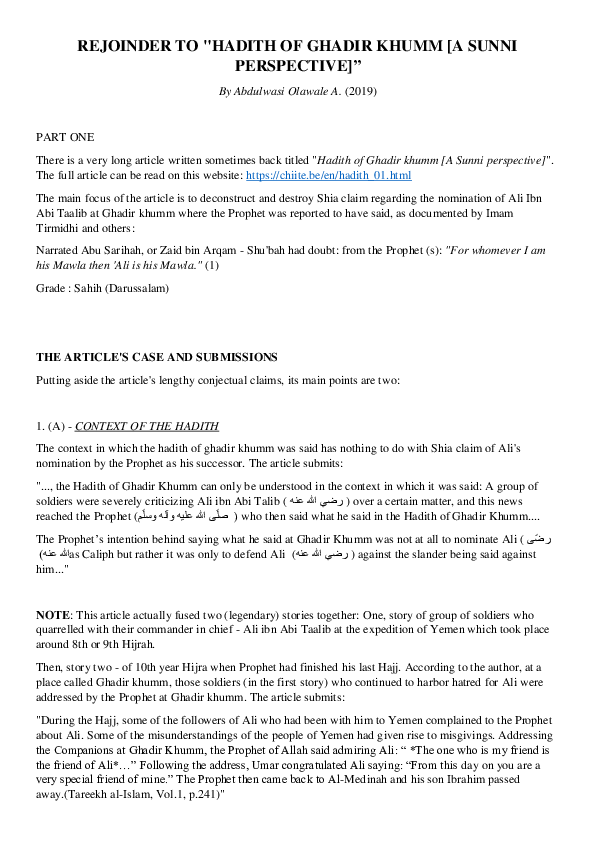 (PDF) REJOINDER TO "HADITH OF GHADIR KHUMM [A SUNNI PERSPECTIVE]"