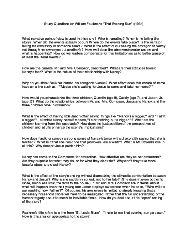 (PDF) Study Questions on William Faulkner's "That Evening Sun" (1931)