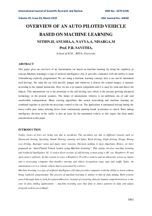 (PDF) OVERVIEW OF AN AUTO PILOTED VEHICLE BASED ON MACHINE LEARNING ...