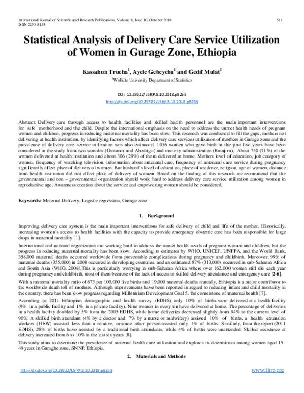 (PDF) Statistical Analysis of Delivery Care Service Utilization of Women in Gurage Zone, Ethiopia