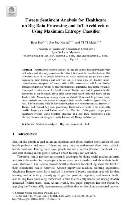 (PDF) Tweets Sentiment Analysis for Healthcare on Big Data Processing and IoT Architecture Using ...