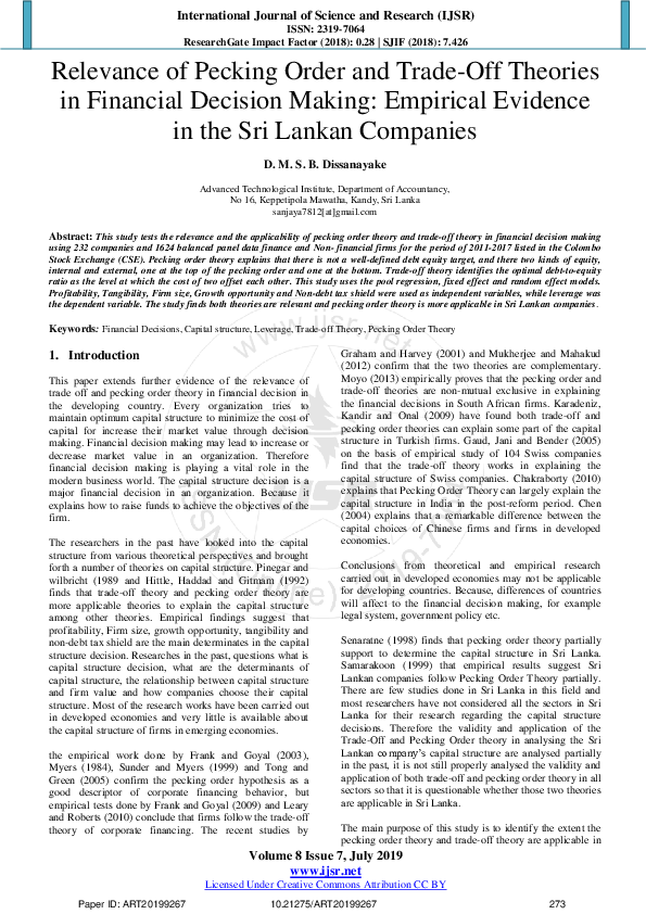 (PDF) Relevance of Pecking Order and Trade-Off Theories in Financial Decision Making: Empirical ...