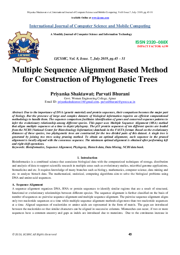 Pdf Multiple Sequence Alignment Based Method For Construction Of