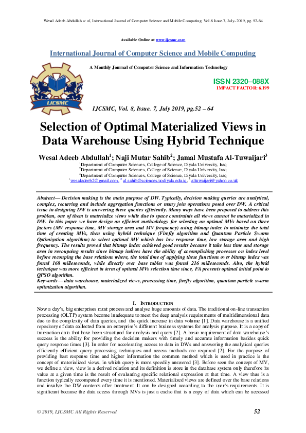 (PDF) Selection of Optimal Materialized Views in Data Warehouse Using Hybrid Technique