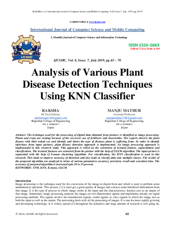 Pdf Analysis Of Various Plant Disease Detection Techniques Using Knn Classifier﻿