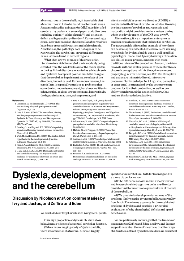 (PDF) Dyslexia, development and the cerebellum