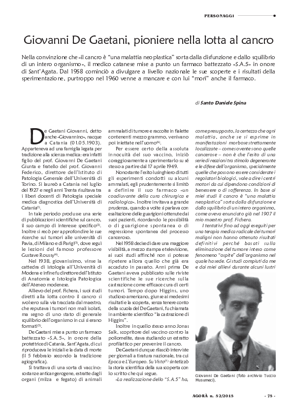 (PDF) Giovanni De Gaetani, pioniere della lotta contro il cancro in ...