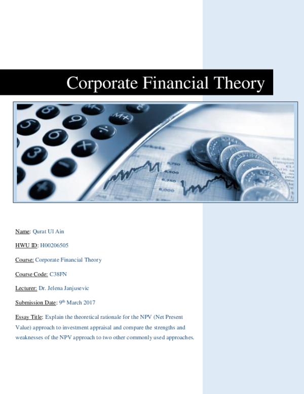 (DOC) Corporate Financial Theory - Theoretical rationale for NPV