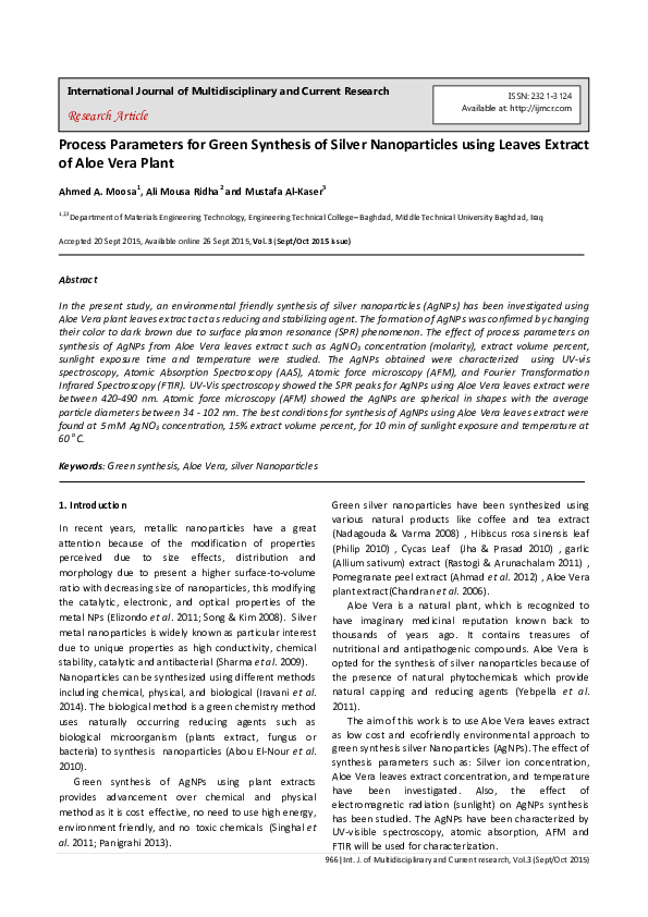 (PDF) Process Parameters for Green Synthesis of Silver Nanoparticles using Leaves Extract of ...