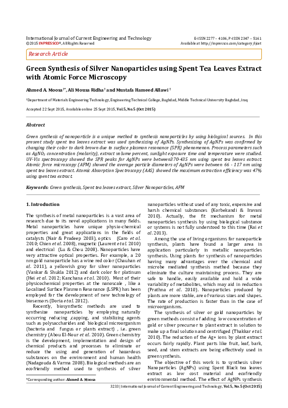 (PDF) Green Synthesis of Silver Nanoparticles using Spent Tea Leaves Extract with Atomic Force ...