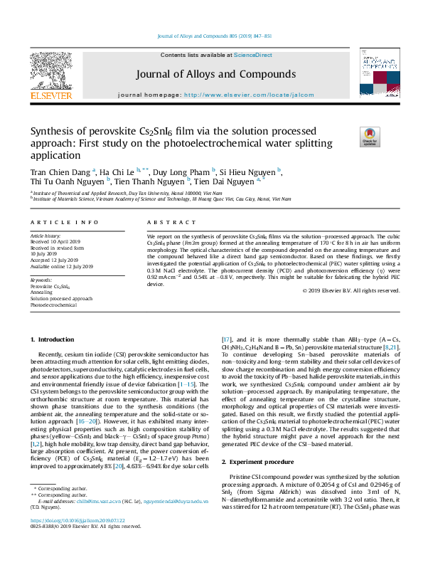 (PDF) Synthesis of perovskite Cs2SnI6 film via the solution processed ...