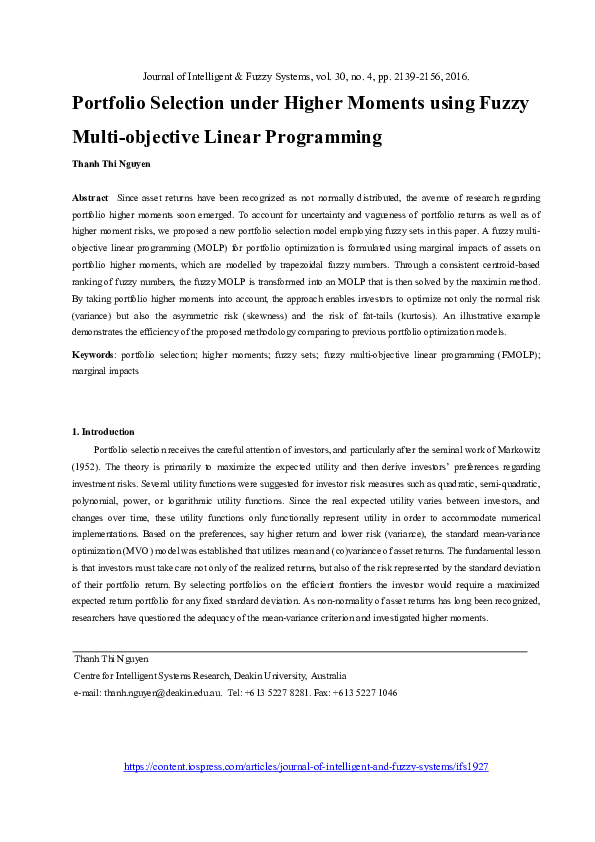 Pdf Portfolio Selection Under Higher Moments Using Fuzzy Multi Objective Linear Programming
