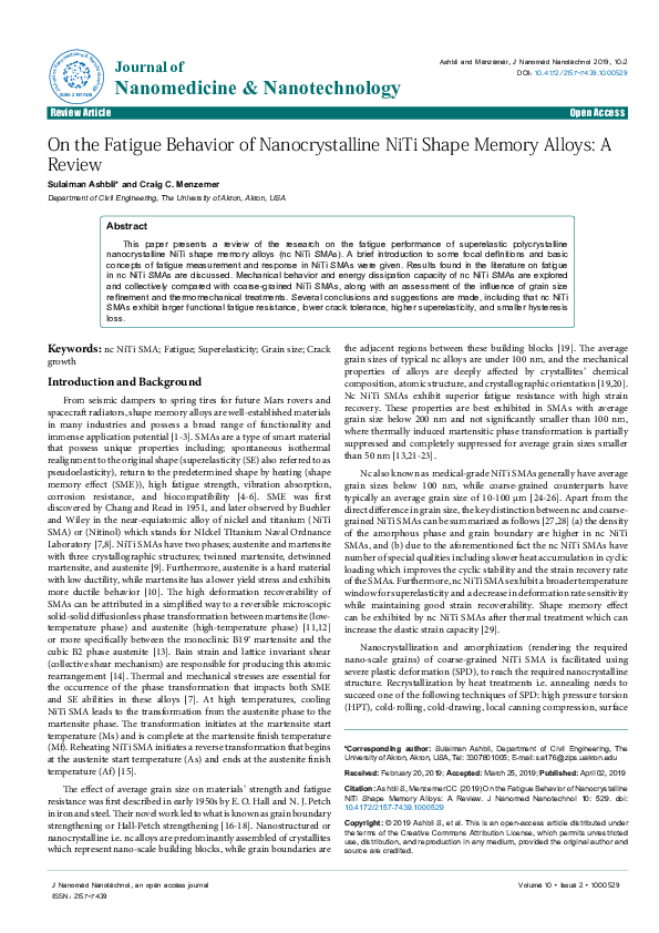 (PDF) On the Fatigue Behavior of Nanocrystalline NiTi Shape Memory Alloys: A Review