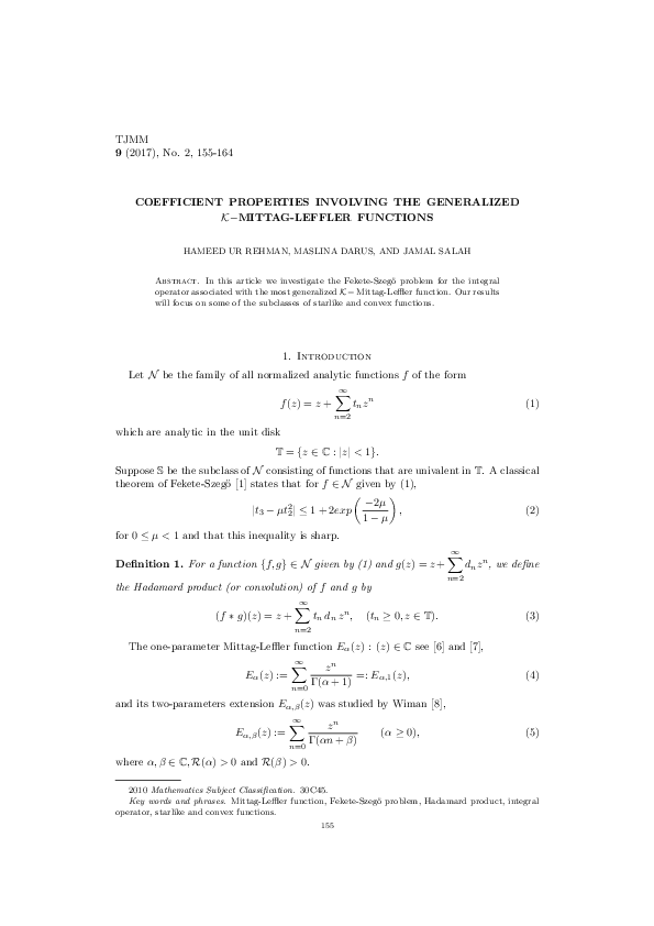 Pdf Coefficient Properties Involving The Generalized K−mittag Leffler Functions