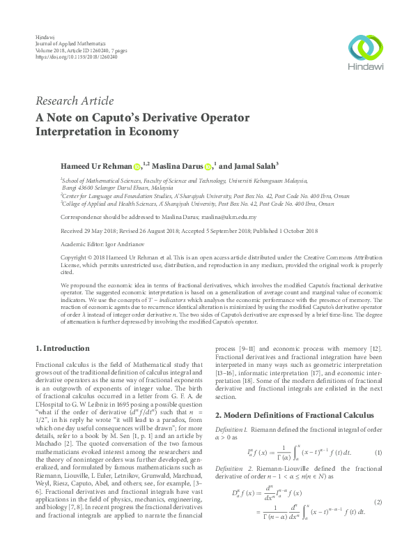 Pdf A Note On Caputo Derivative Operator Interpretation In Economy Hameed Ur Rehman