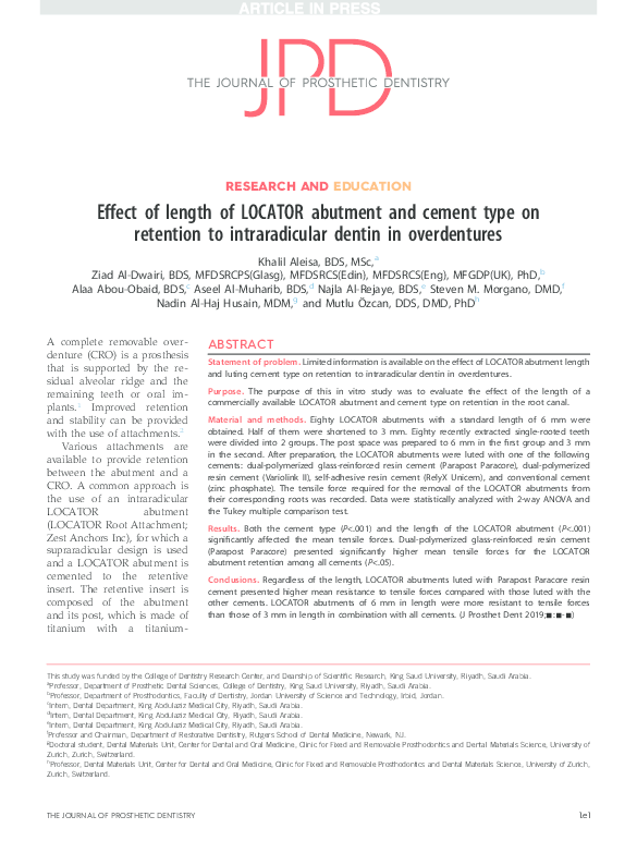(PDF) Effect of length of LOCATOR abutment and cement type on retention ...
