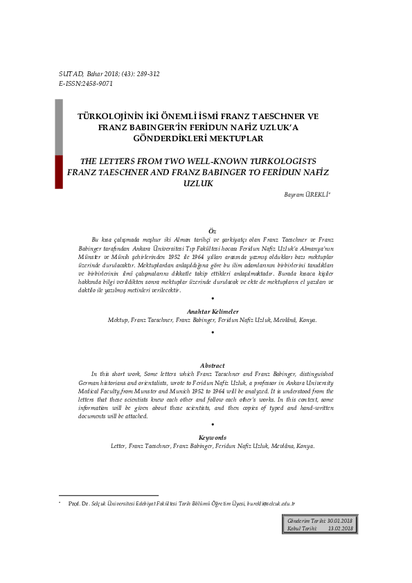 (PDF) Bayram Ürekli, “Türkolojinin İki Önemli İsmi Franz Taeschner Ve ...