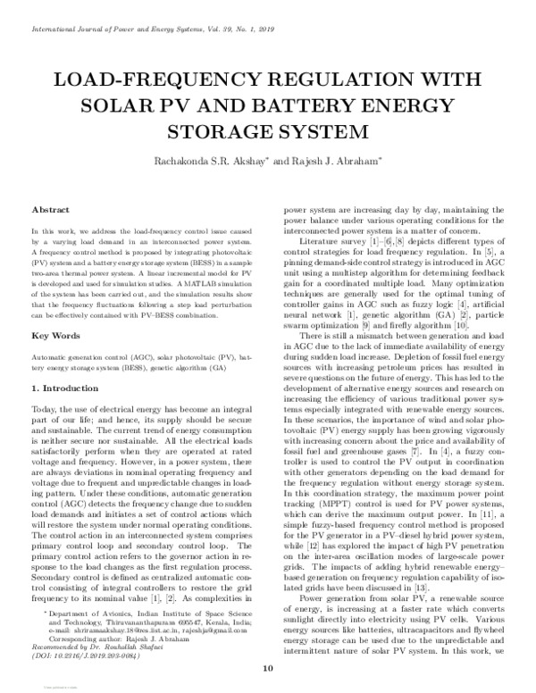 (PDF) LOAD-FREQUENCY REGULATION WITH SOLAR PV AND BATTERY ENERGY ...